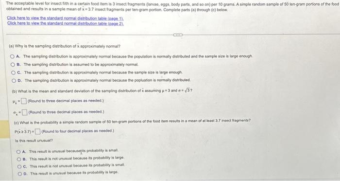 Solved The acceptable level for insect fith in a certain | Chegg.com