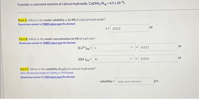 Solved Consider a saturated solution of calcium hydroxide, | Chegg.com