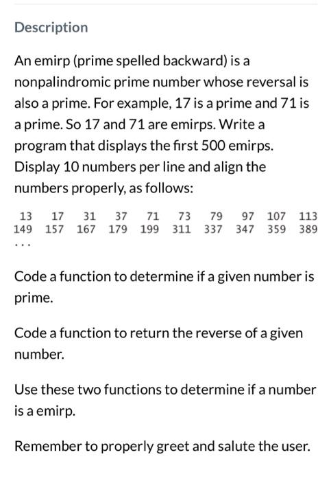 Solved Description An emirp (prime spelled backward) is a | Chegg.com