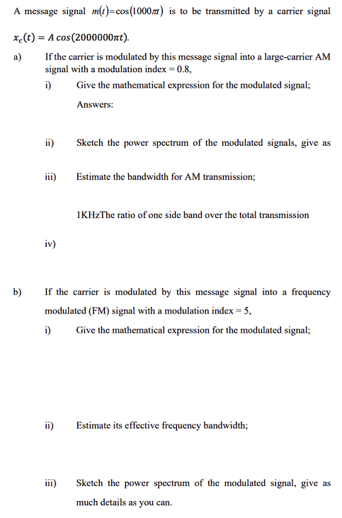 A message signal m(t)=cos(1000πt) ﻿is to be | Chegg.com