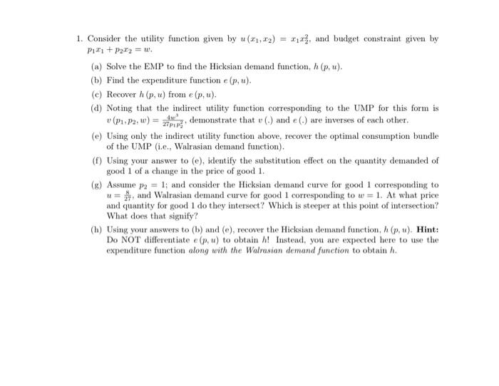 e 1. Consider the utility function given byu (11, 12) | Chegg.com