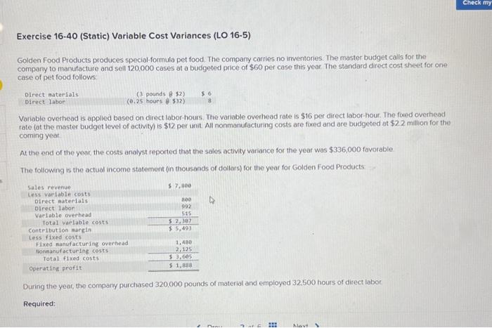Solved Exercise 16.40 (Static) Variable Cost Variances (LO | Chegg.com