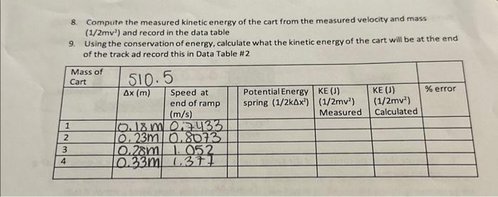 8. Compute the measured kinetic energy of the cart | Chegg.com