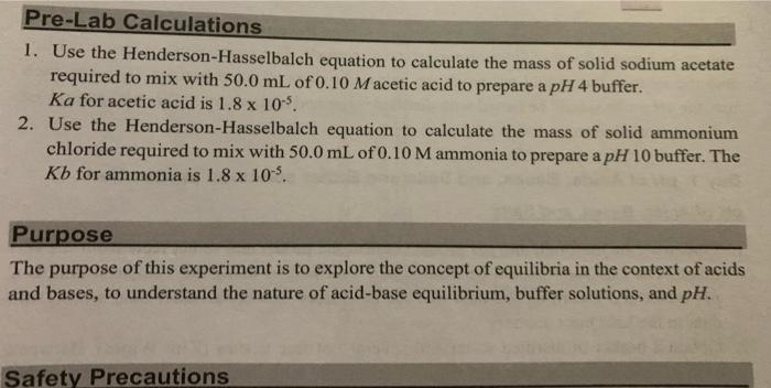 Solved Pre-Lab Calculations 1. Use the Henderson-Hasselbalch | Chegg.com