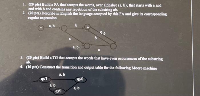 Solved 1. (20pts) Build a FA that accepts the words, over | Chegg.com
