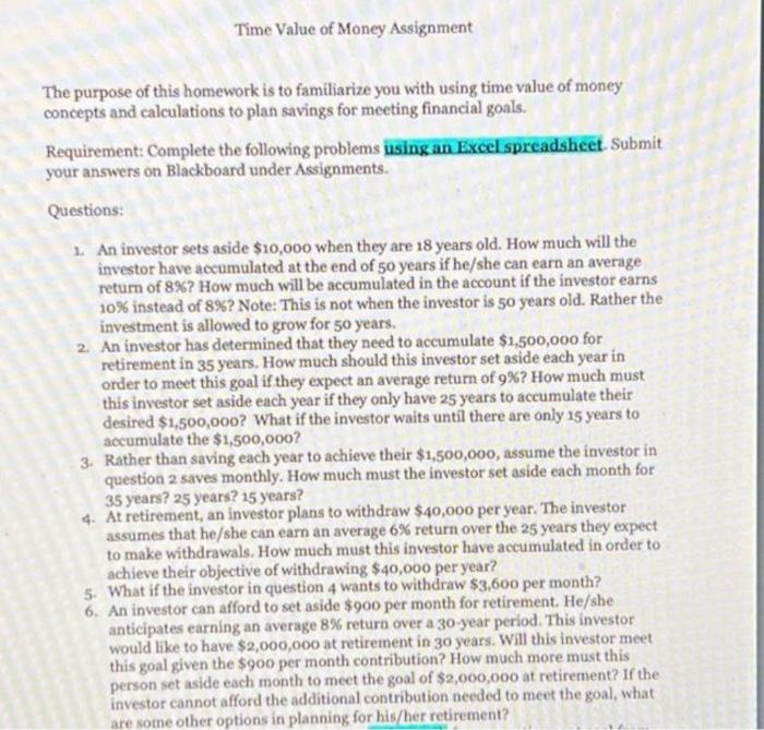 Solved Time Value of Money Assignment The purpose of this | Chegg.com