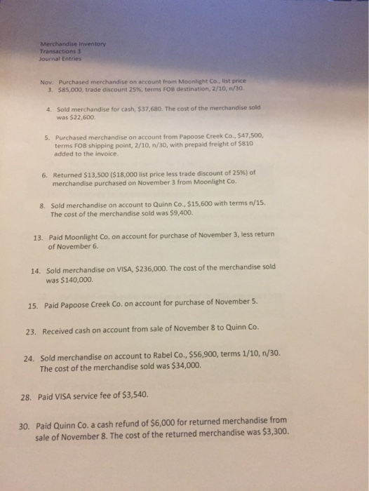 Merchandise Inventory Transactions 3 Journal Entries | Chegg.com