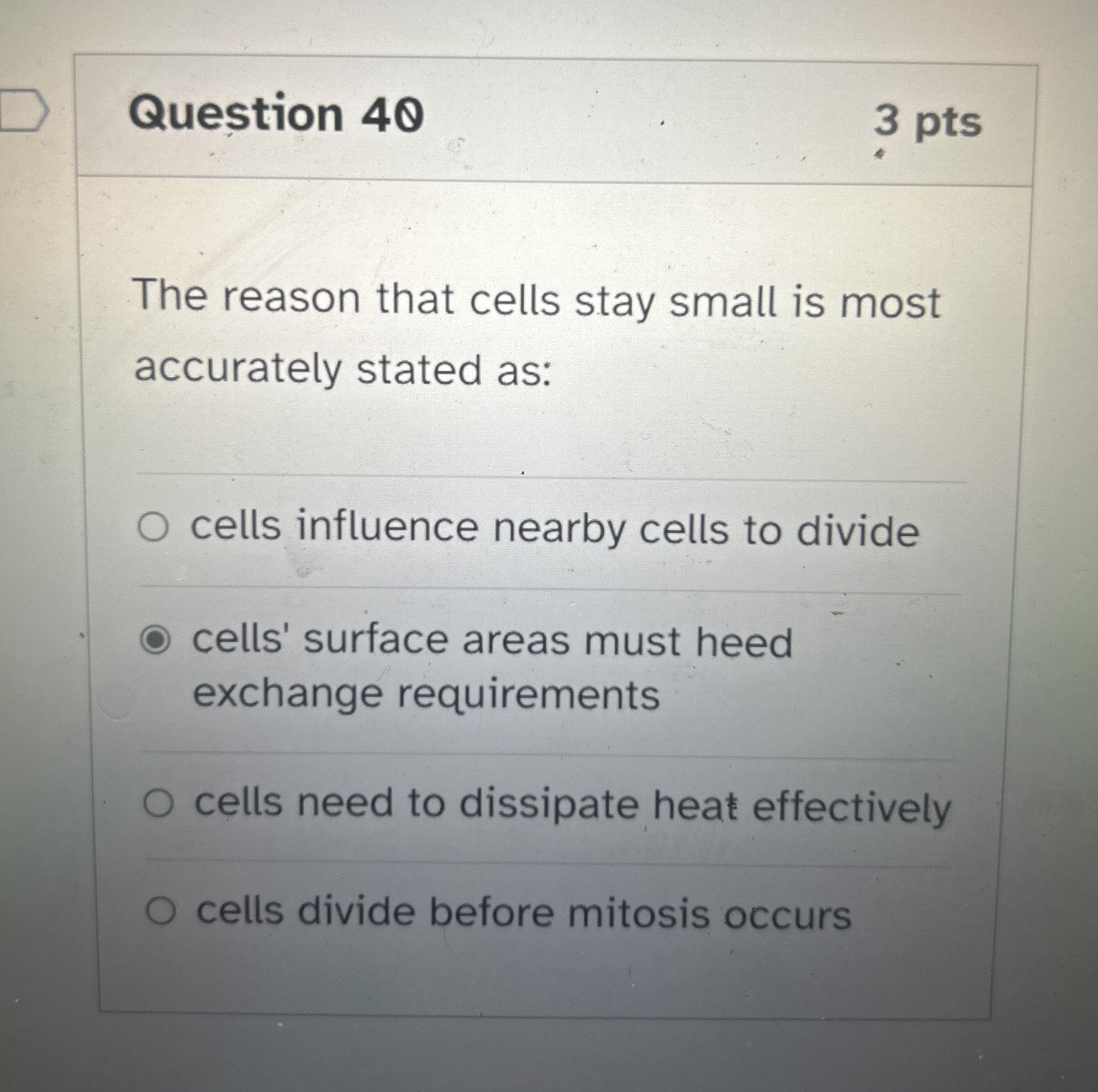 Solved Question 403 ﻿ptsThe reason that cells stay small is | Chegg.com