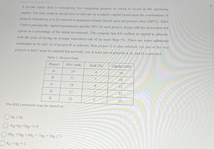 Solved A provate equity firm is convidering five conipeting | Chegg.com