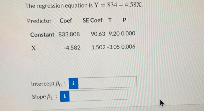 Solved The regression equation is Y = 834 - 4.58X. Predictor | Chegg.com