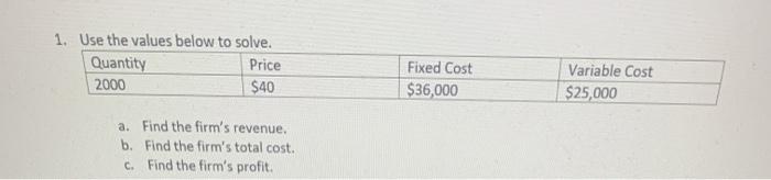 Solved 1. Use the values below to solve. Quantity Price 2000 | Chegg.com