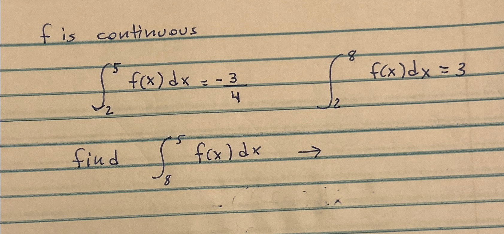 Solved f ﻿is continuous∫25f(x)dx=-34,∫28f(x)dx=3find | Chegg.com