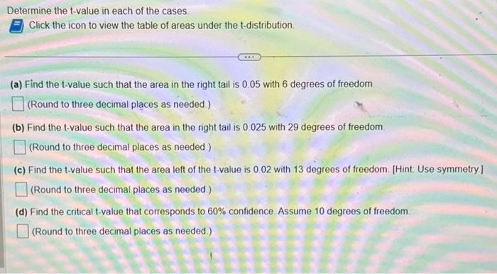 Solved Determine the t-value in each of the cases. Click the | Chegg.com