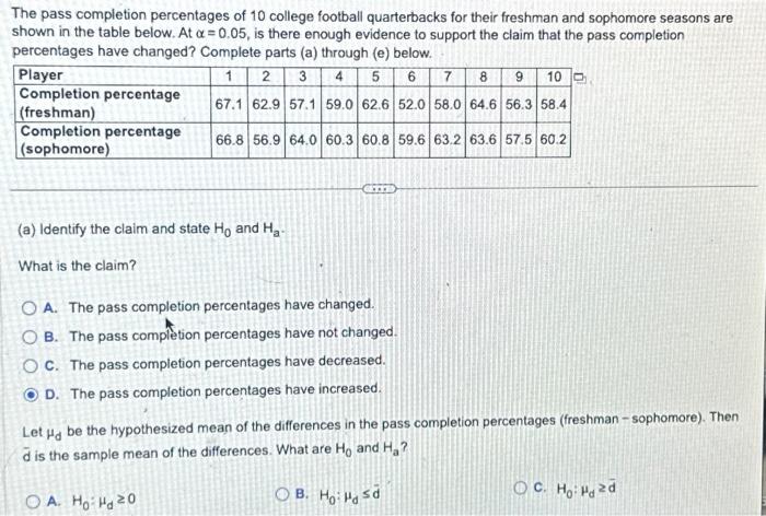 Solved The pass completion percentages of 10 college | Chegg.com