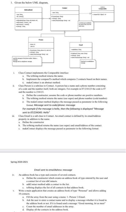 1. Given the below UML diagram, . Class Contact | Chegg.com