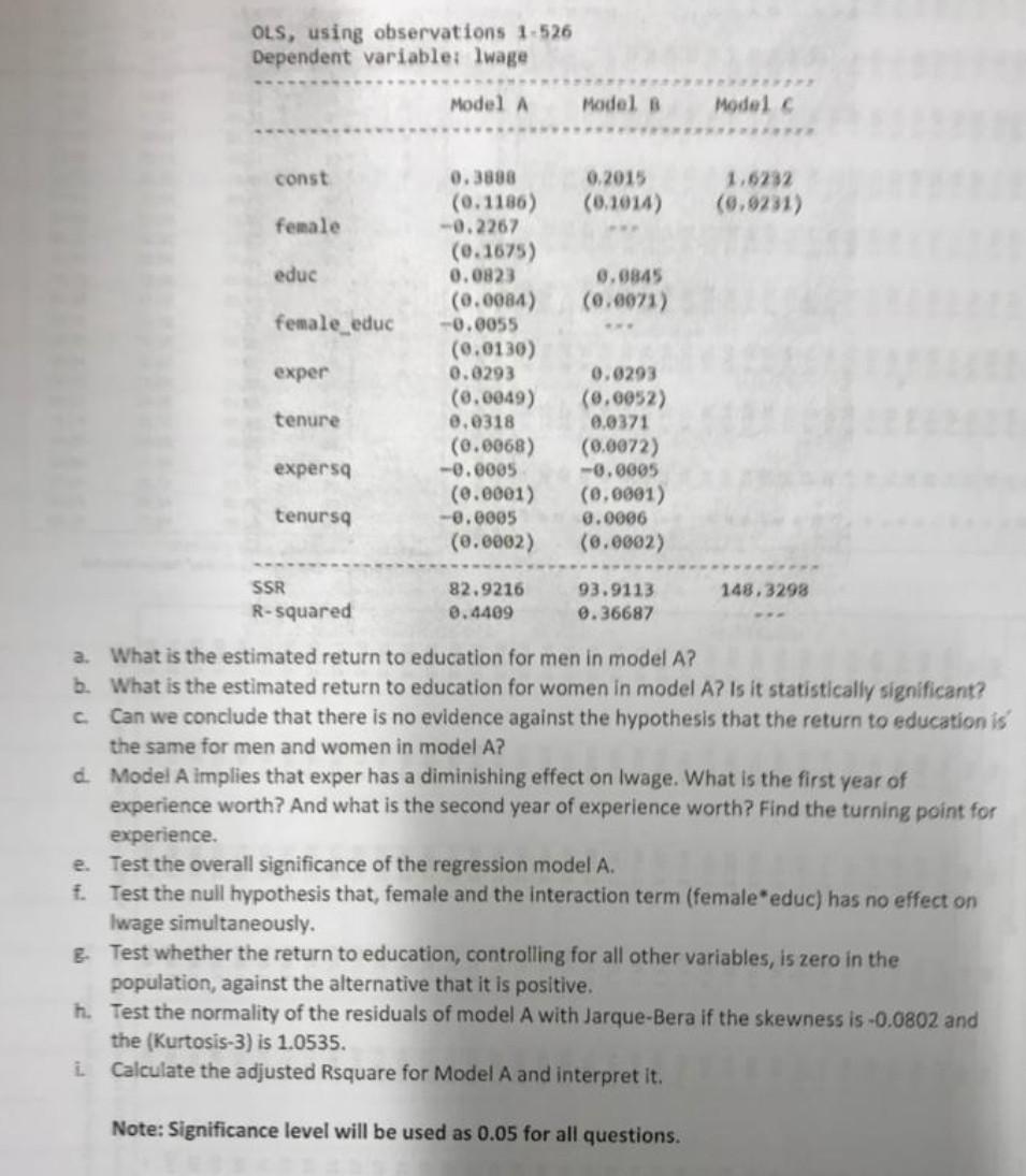 Solved OLS, using observations 1-526 a. What is the | Chegg.com