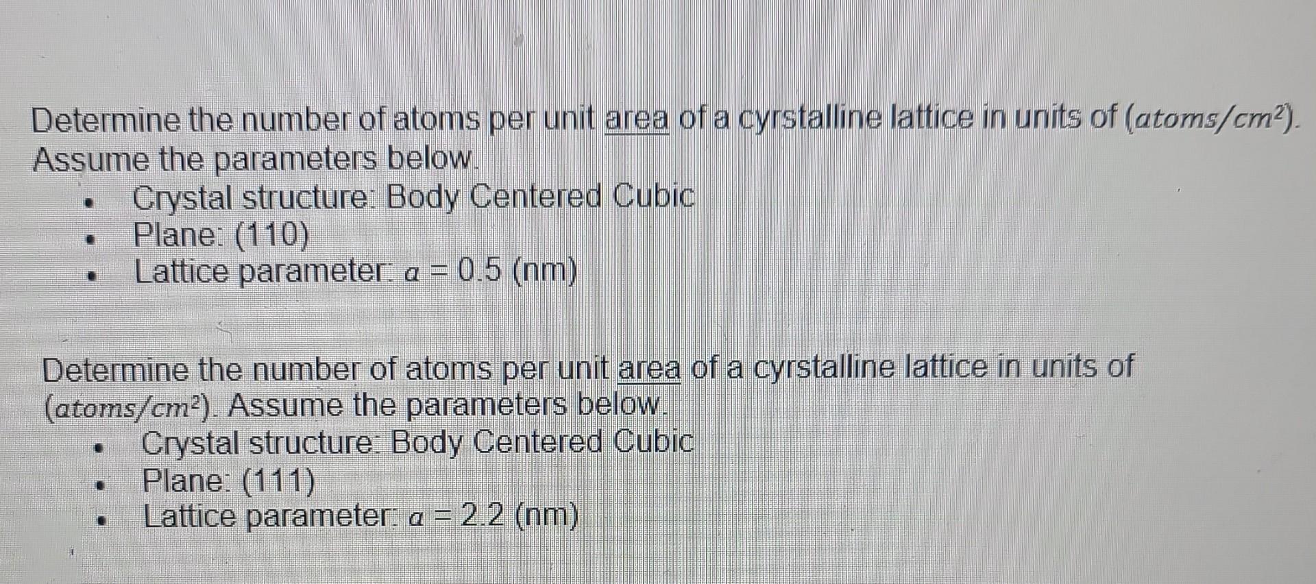 Solved Determine the number of atoms per unit area of a | Chegg.com