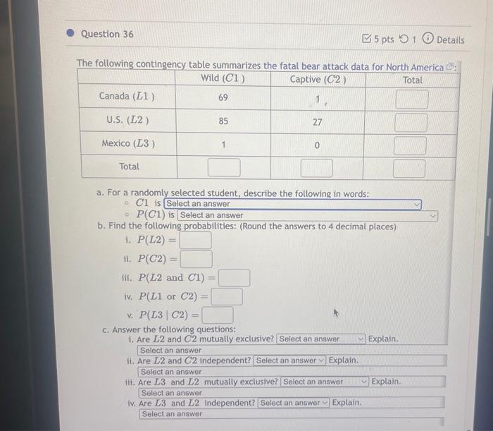 Solved Question 36 The following contingency table | Chegg.com