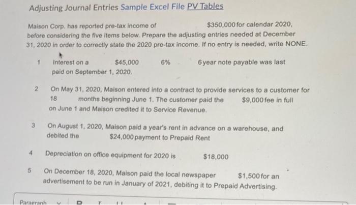 Adjusting Journal Entries Sample Excel File PV Tables | Chegg.com