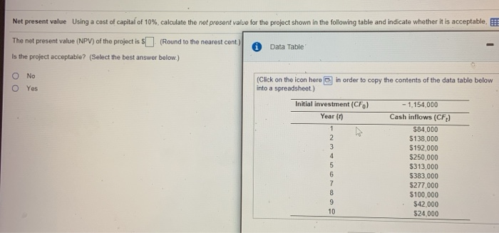 Solved Net present value Using a cost of capital of 10%, | Chegg.com