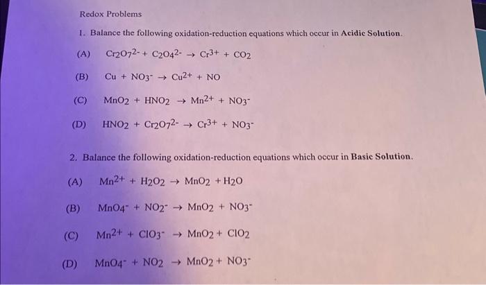 1. Balance the following oxidation-reduction | Chegg.com