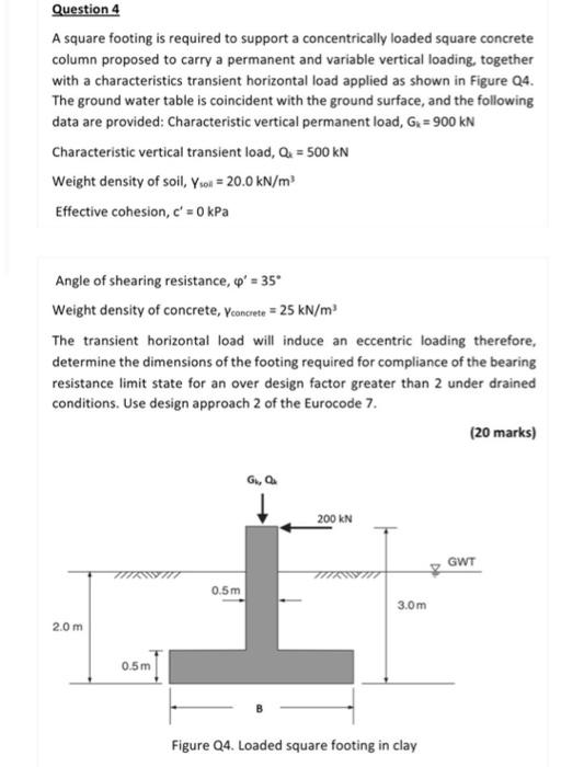 Solved Question 4 A square footing is required to support a | Chegg.com