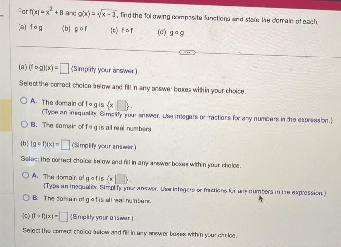 Solved For f(x)=x2+8 and g(x)=x−3, find the following | Chegg.com