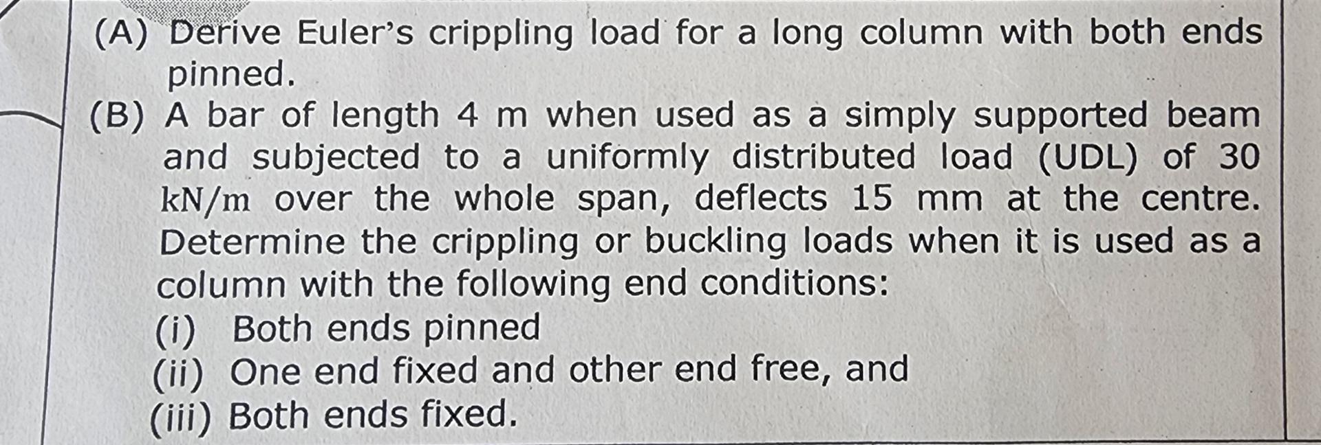 Solved (A) ﻿Derive Euler's crippling load for a long column | Chegg.com