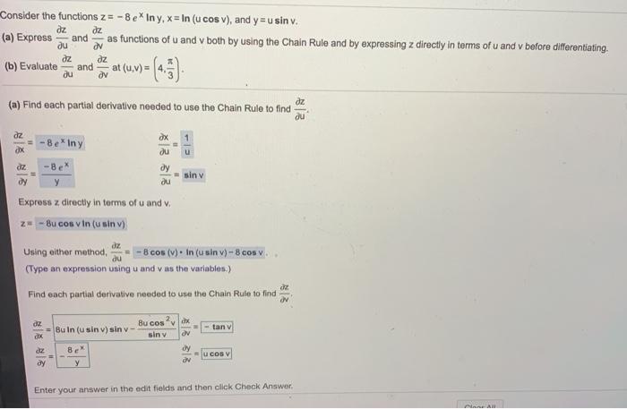 Solved Consider the functions z=-8eX Iny, x=In (u cos v), | Chegg.com