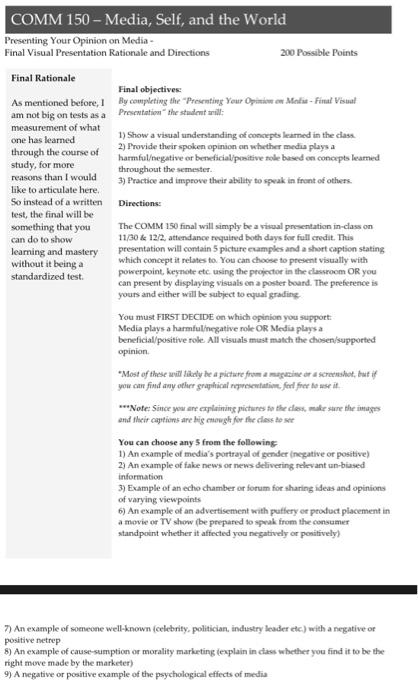 COMM 150 - Media, Self, and the World Presenting Your | Chegg.com