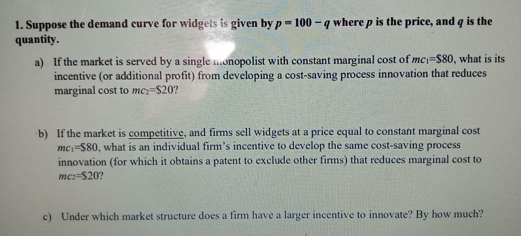Solved 1. Suppose the demand curve for widgets is given by p | Chegg.com