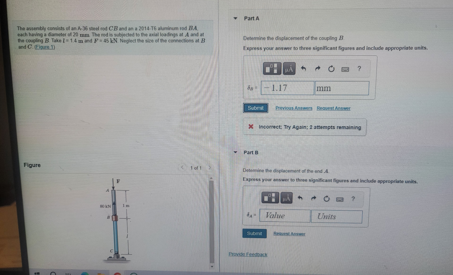 Solved PartAThe assembly consists of an A-36 ﻿steel rod CB | Chegg.com