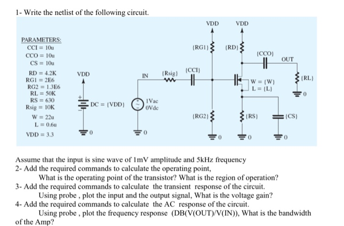 1- Write the netlist of the following circuit. VDD | Chegg.com