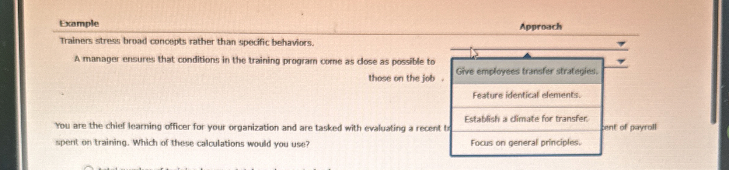 Solved ExampleApproachTrainers stress broad concepts rather | Chegg.com