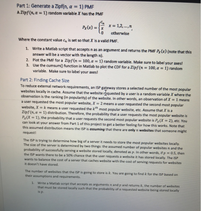 Solved Part 1: Generate a Zipfin, a = 1) PMF A Zipf(n), a = | Chegg.com