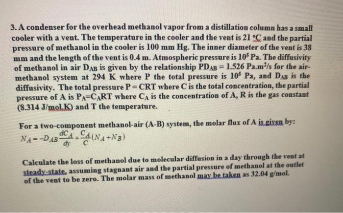Solved 3. A condenser for the overhead methanol vapor from a | Chegg.com