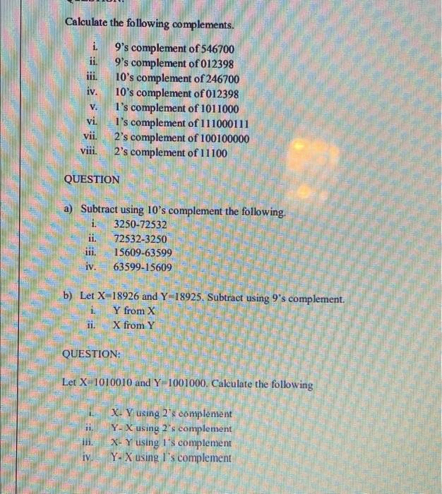 Solved Calculate the following complements. i ii. iii. iv. | Chegg.com
