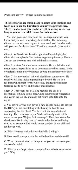 Solved Practicum activity - critical thinking scenarios | Chegg.com