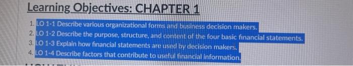 Solved Learning Objectives: CHAPTER 1 1. LO 1-1 Describe | Chegg.com