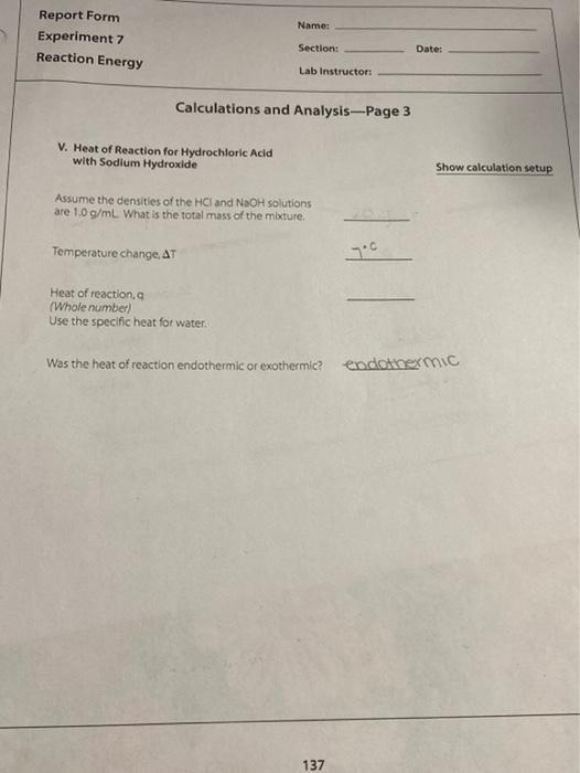 Solved Name Report Form Experiment 7 Reaction Energy