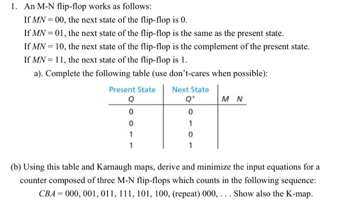 Solved 1. An M-N flip-flop works as follows: If MN = 00, the | Chegg.com