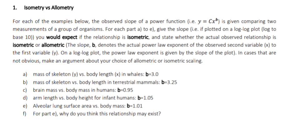 1. Isometry vs Allometry For each of the examples | Chegg.com
