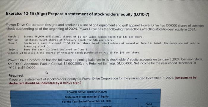 Solved Exercise 10-15 (Algo) Prepare a statement of | Chegg.com