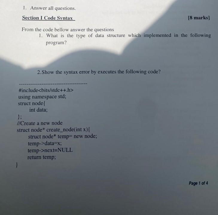 Solved Section I Code Syntax [8 marks] From the code bellow | Chegg.com