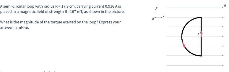 Solved A semi-circular loop with radius R=17.9cm, ﻿carrying | Chegg.com