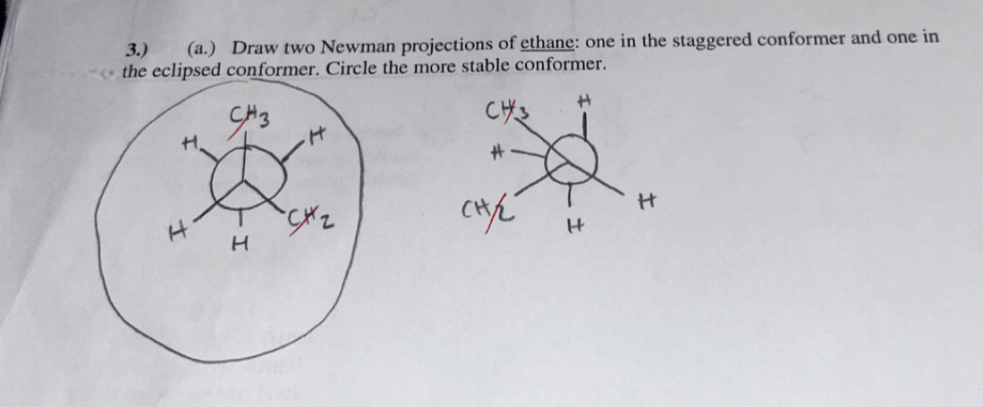 Solved 3.) (a.) ﻿Draw two Newman projections of ethane: one | Chegg.com