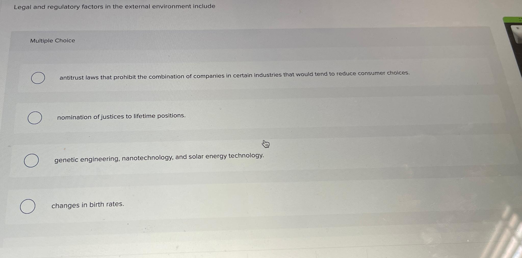 Solved Legal and regulatory factors in the external | Chegg.com