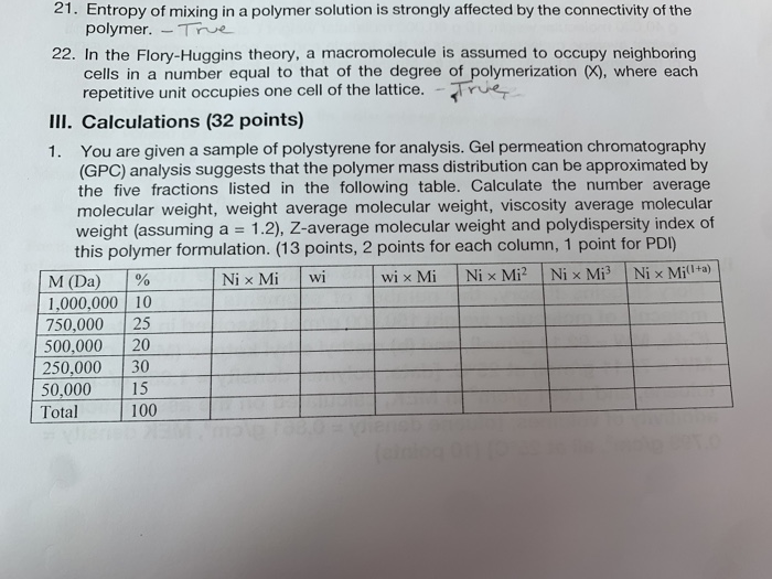 Solved 21. Entropy of mixing in a polymer solution is | Chegg.com
