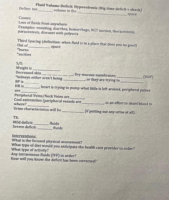 Fhuid Velume Deficit: Hypovolemia (Big time deficit = | Chegg.com
