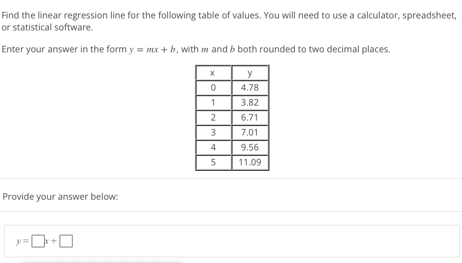 Solved Find the linear regression line for the following | Chegg.com